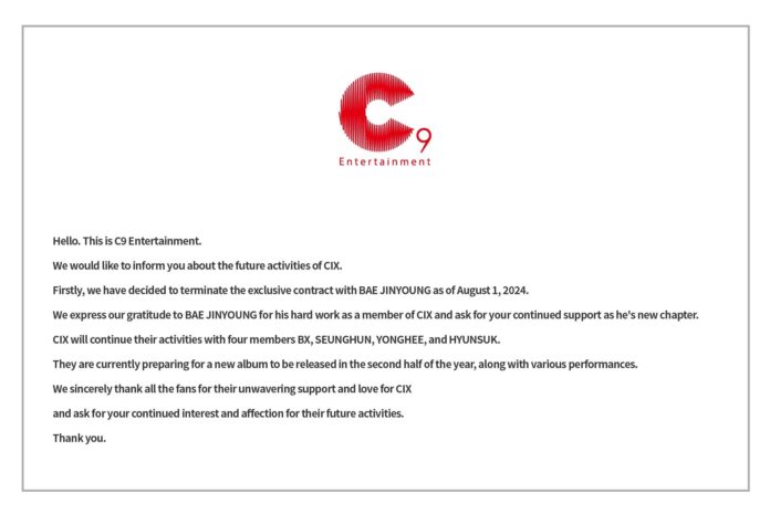 C9 Entertainment xác nhận Bae Jinyoung rời CIX, nhóm tiếp tục hoạt động với 4 thành viên ...